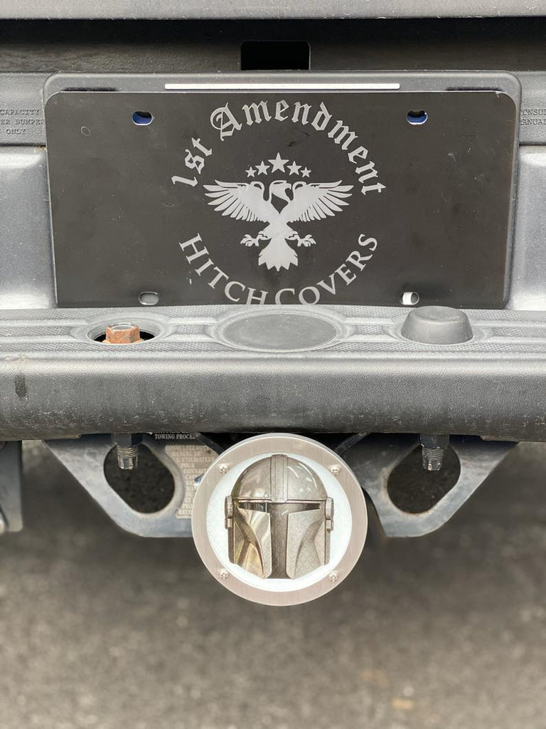 Mandalorian Helmet Round Reflective Hitch Cover – 1st Amendment Hitch ...